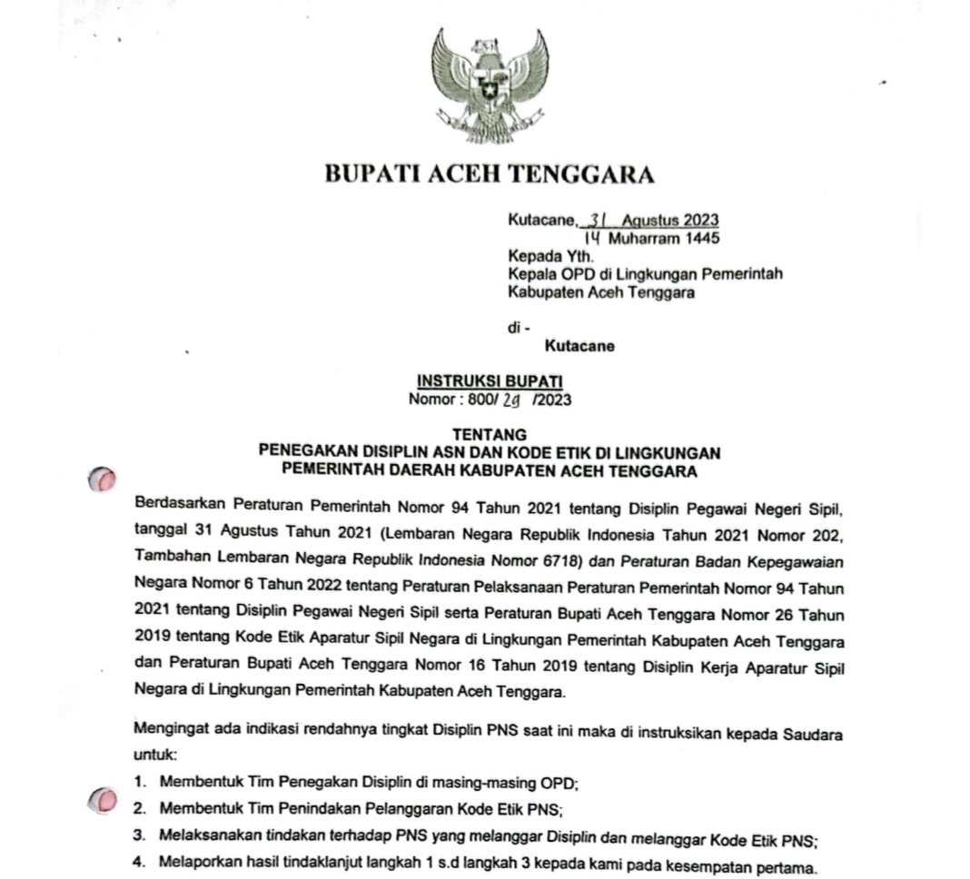 PJ Bupati Agara Terbitkan Surat Instruksi Terhadap PNS Yang Malas Masuk Kantor - Akurat Mengabarkan
